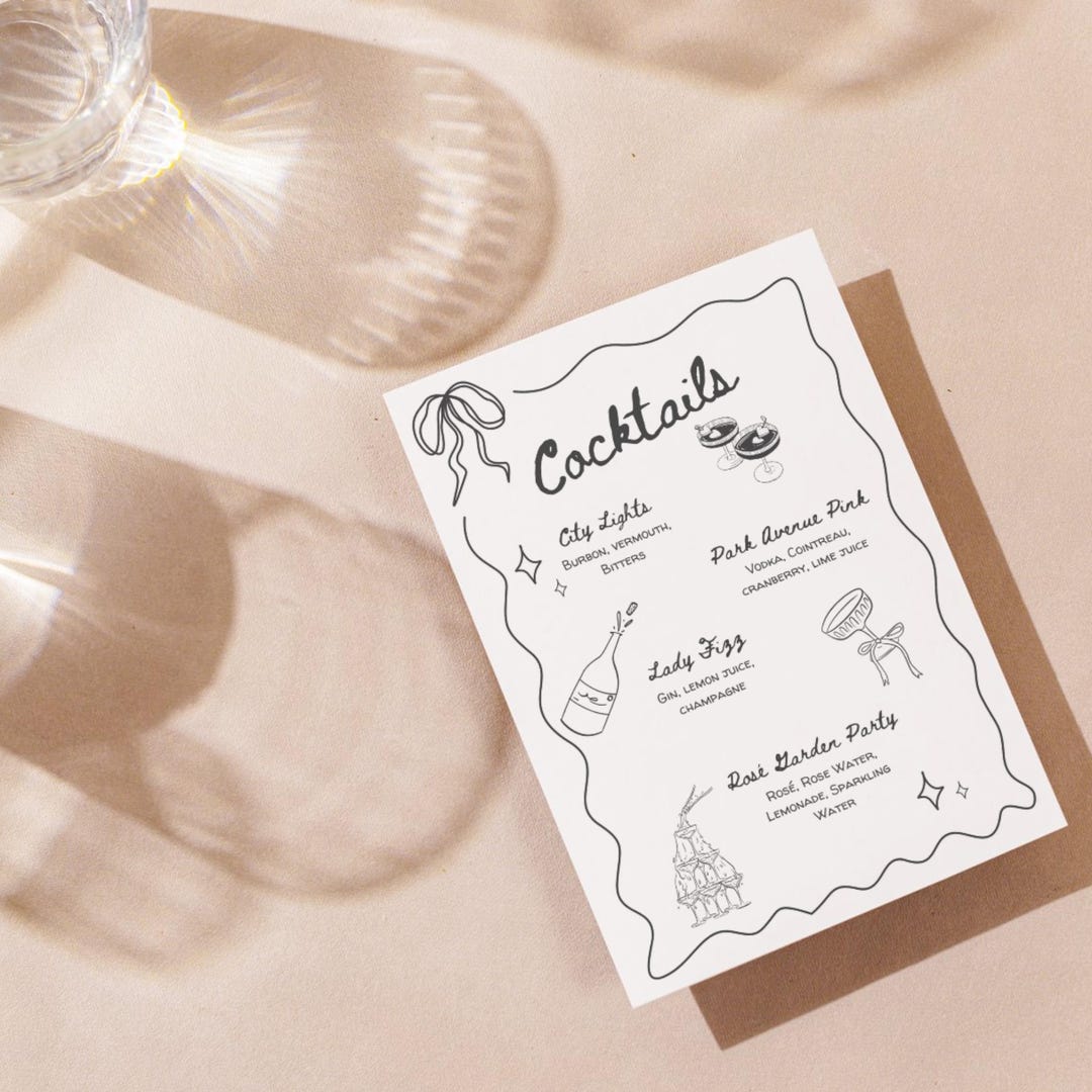 Coquette Black Bow Drink Menu, Hand Drawn Cocktail Menu, Whimsical ...