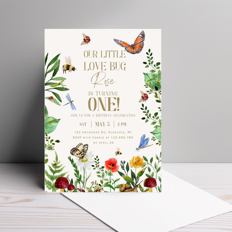 Wildflower Love Bug Birthday Printable Invitation, Butterfly, Bees, Dragonflies, Lady Bugs ...
