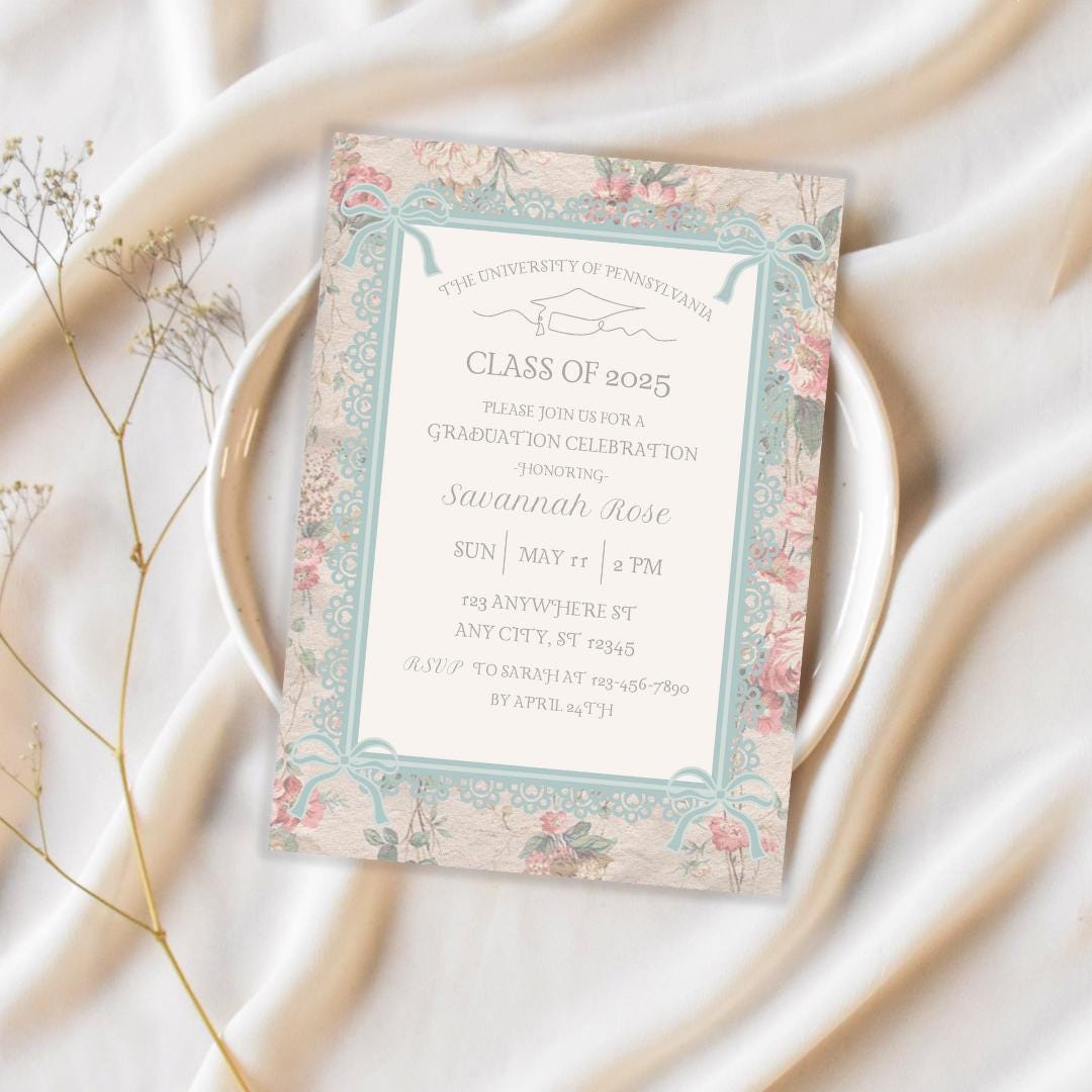 Vintage Floral Graduation Announcement Template, Pink and Sage Card ...