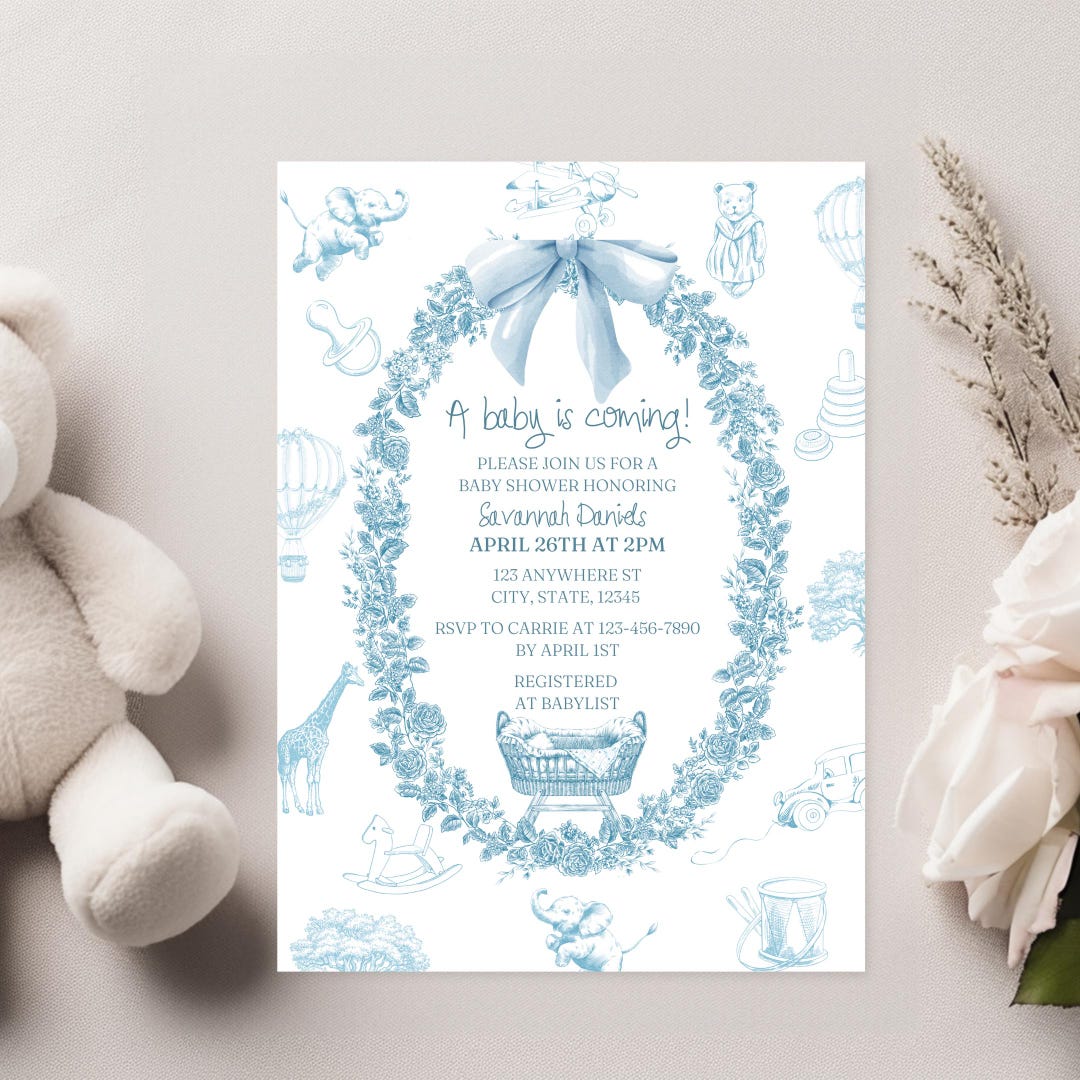 Blue Toile Print Baby Shower Invitation, Vintage Baby Shower Template ...