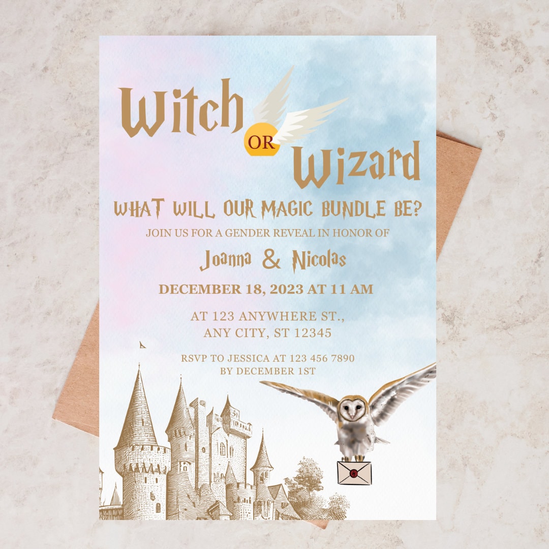 Magical Gender Reveal Invitation, Witch or Wizard Template, Canva ...