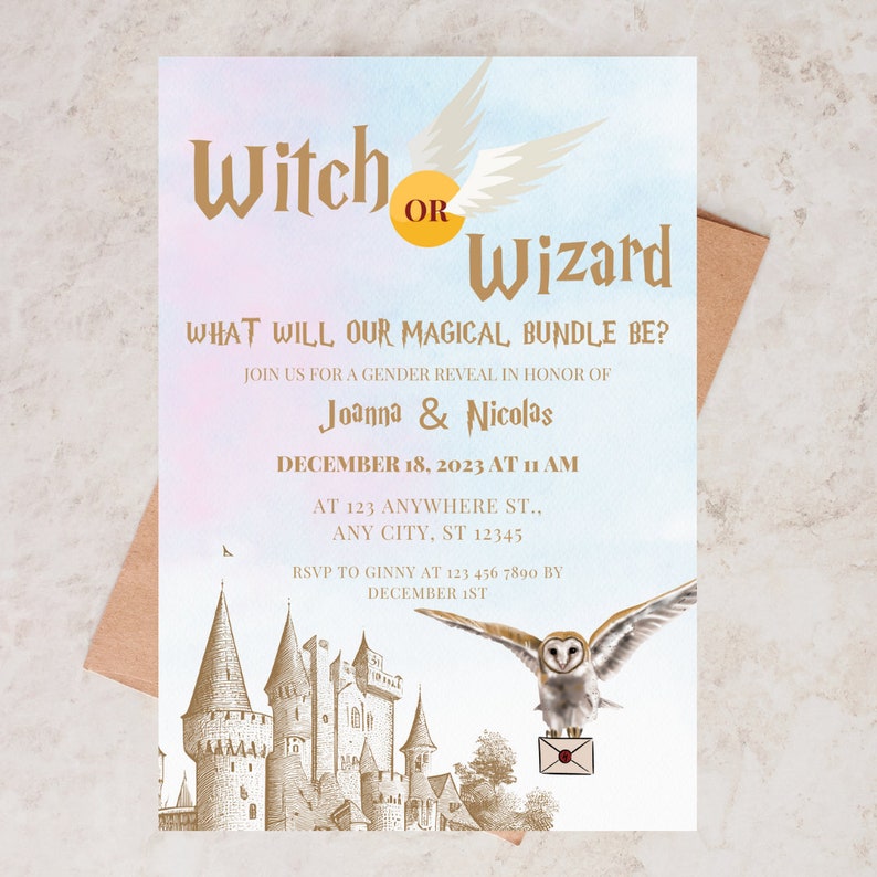 Magical Gender Reveal Invitation, Witch or Wizard Template, Canva ...
