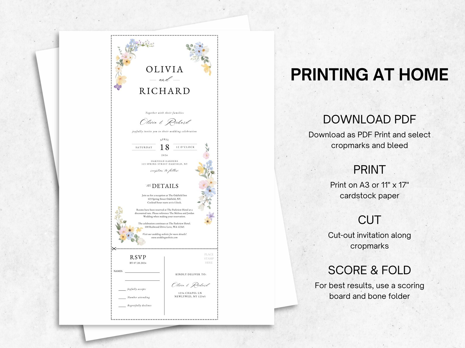 Floral Tri Fold Wedding Invitation- Spring Flower All in One Invitation ...
