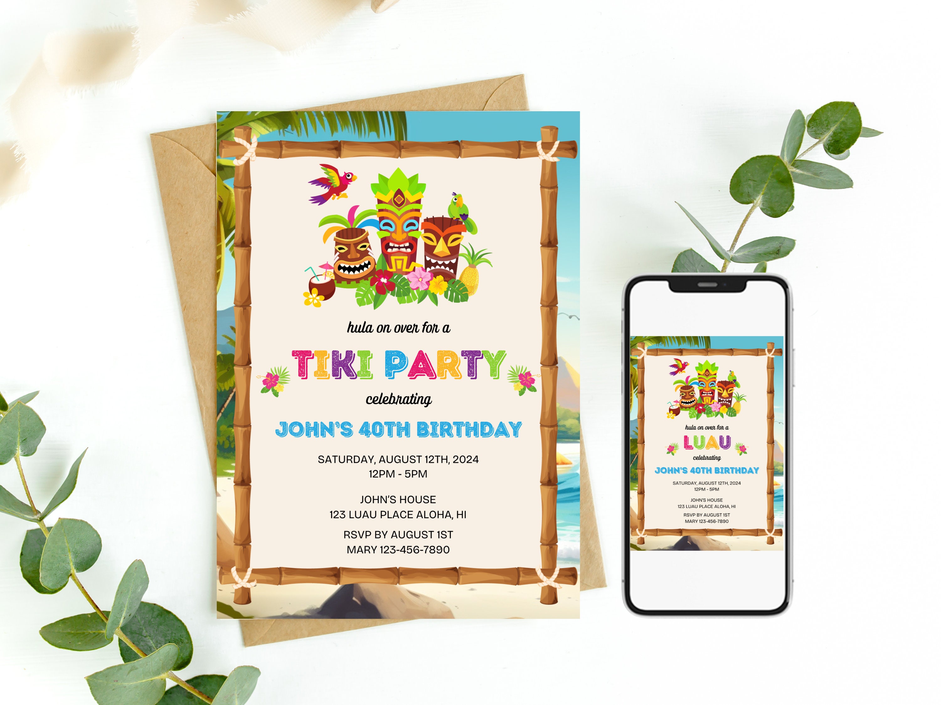 Luau Tiki Party Invitation, Tropical Hawaiian Birthday Theme Invite ...