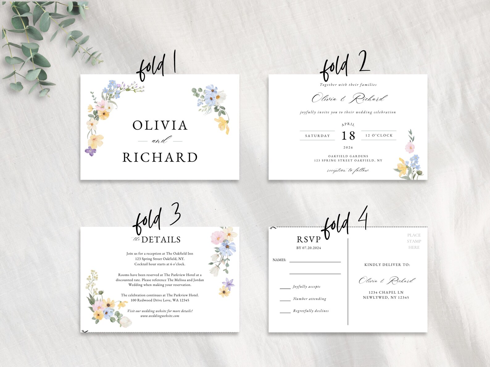 Floral Tri Fold Wedding Invitation- Spring Flower All in One Invitation ...