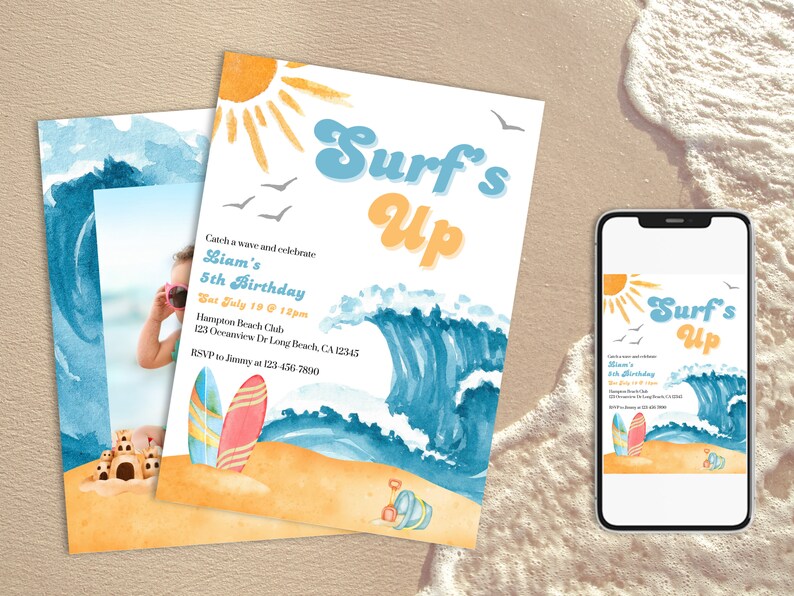 Surfs up Kids Birthday Invitation, Surf Beach Summer Theme Bday, Retro ...