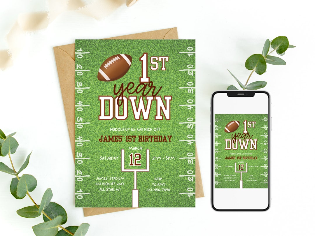 First Year Down Football 1st Birthday Invitation, Boy Birthday Invite ...