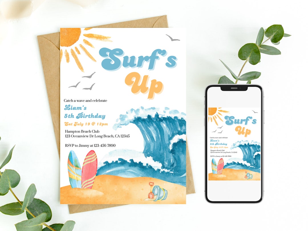 Surfs up Kids Birthday Invitation, Surf Beach Summer Theme Bday, Retro ...