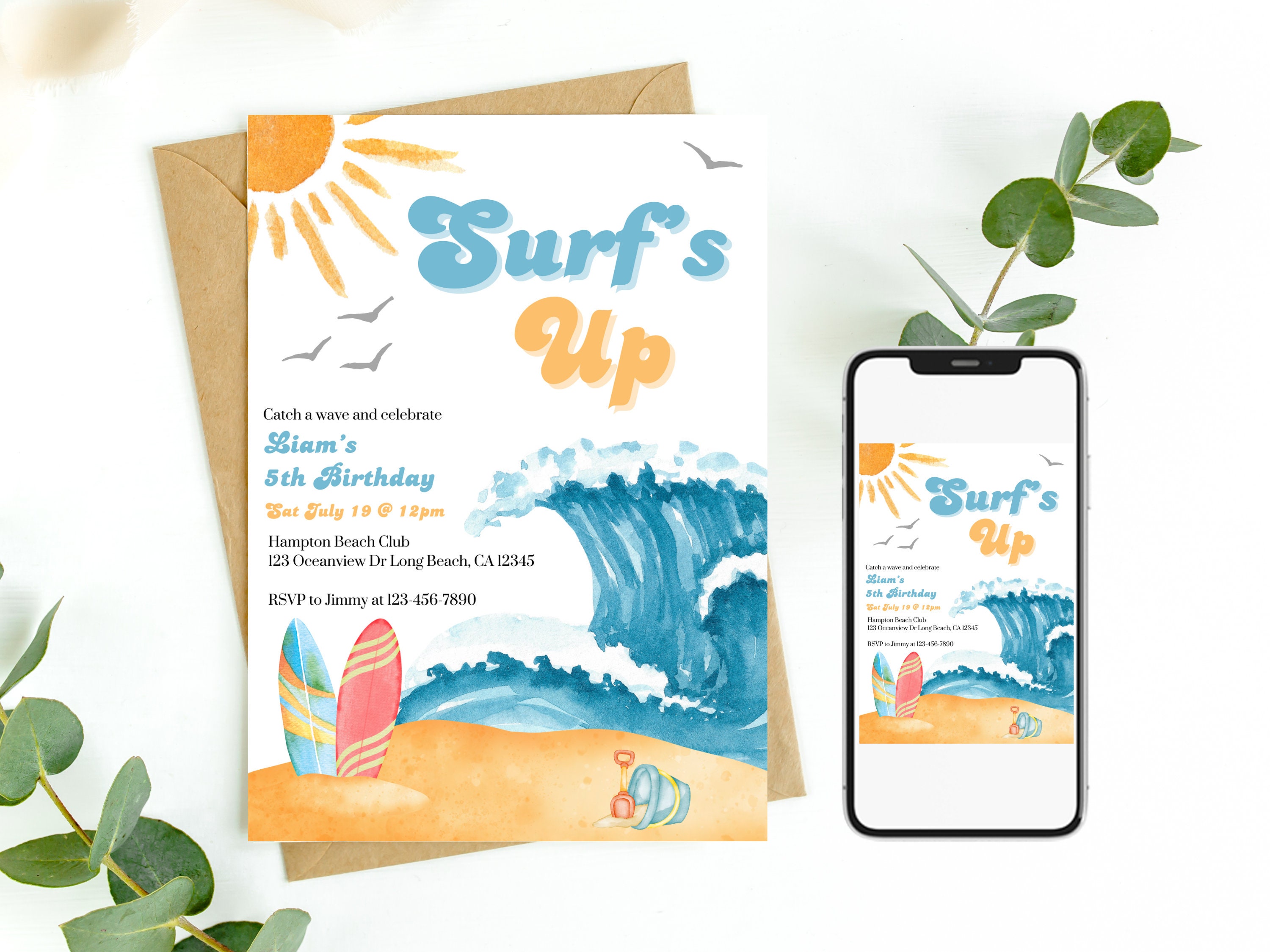 Surfs up Kids Birthday Invitation, Surf Beach Summer Theme Bday, Retro ...