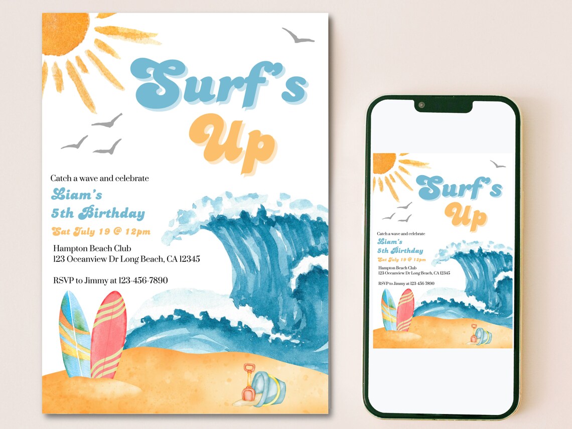 Surfs up Kids Birthday Invitation, Surf Beach Summer Theme Bday, Retro ...