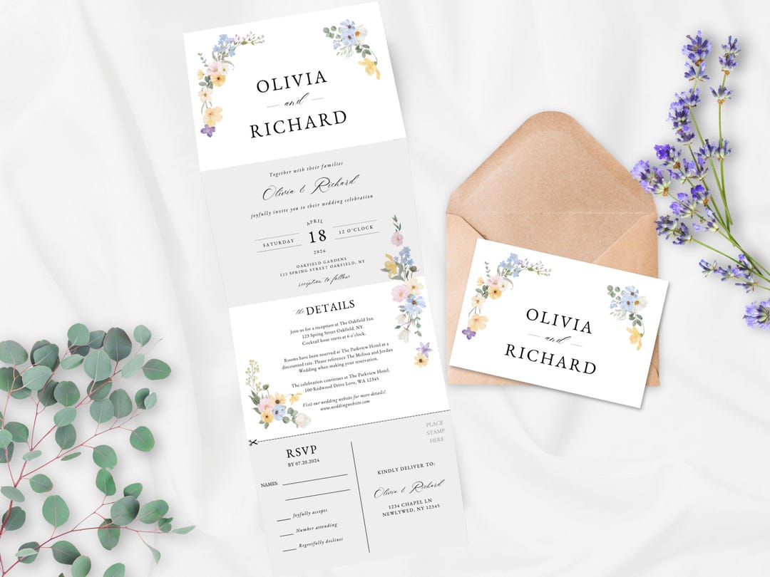 Floral Tri Fold Wedding Invitation- Spring Flower All in One Invitation ...