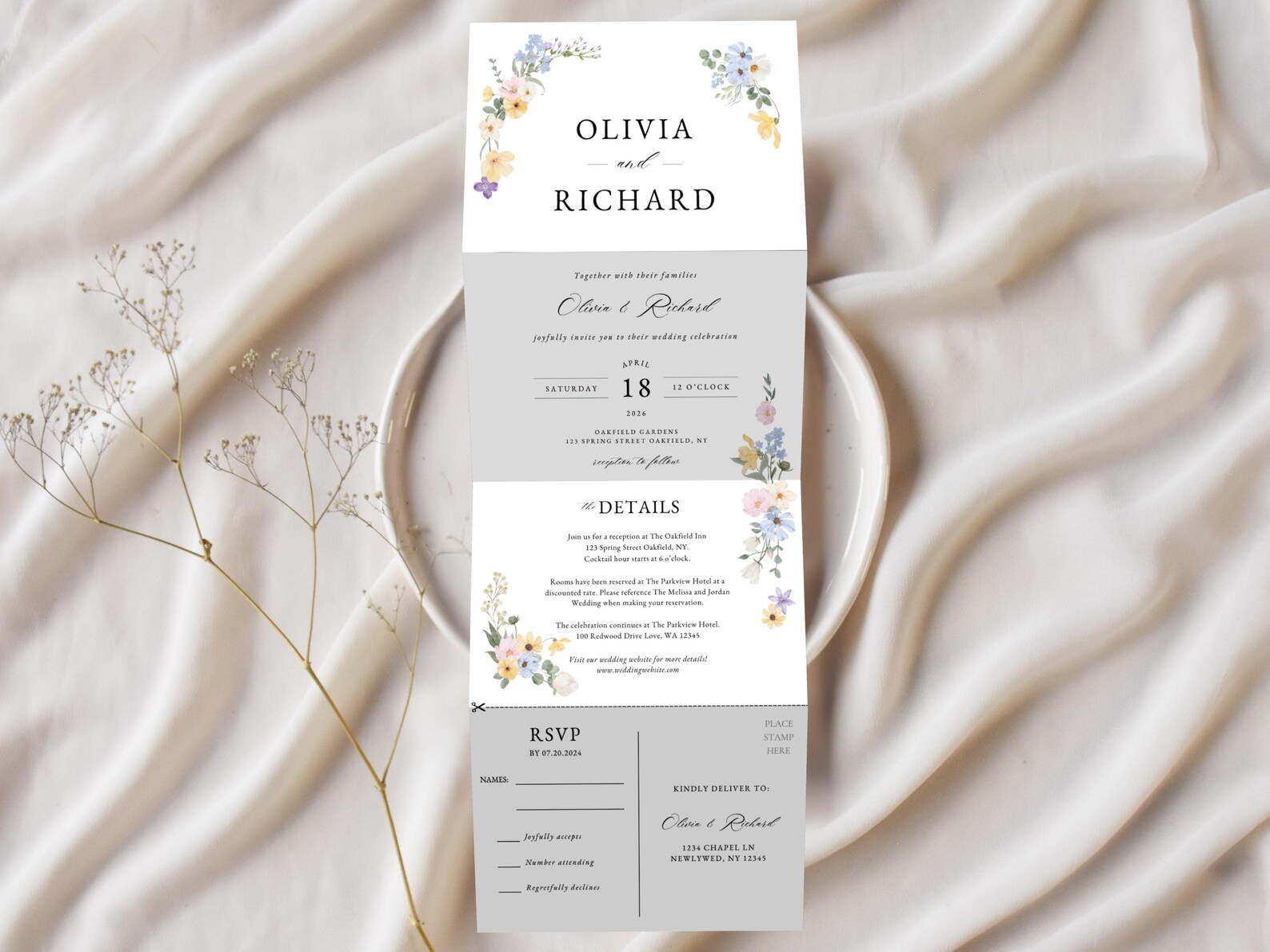 Floral Tri Fold Wedding Invitation- Spring Flower All in One Invitation ...