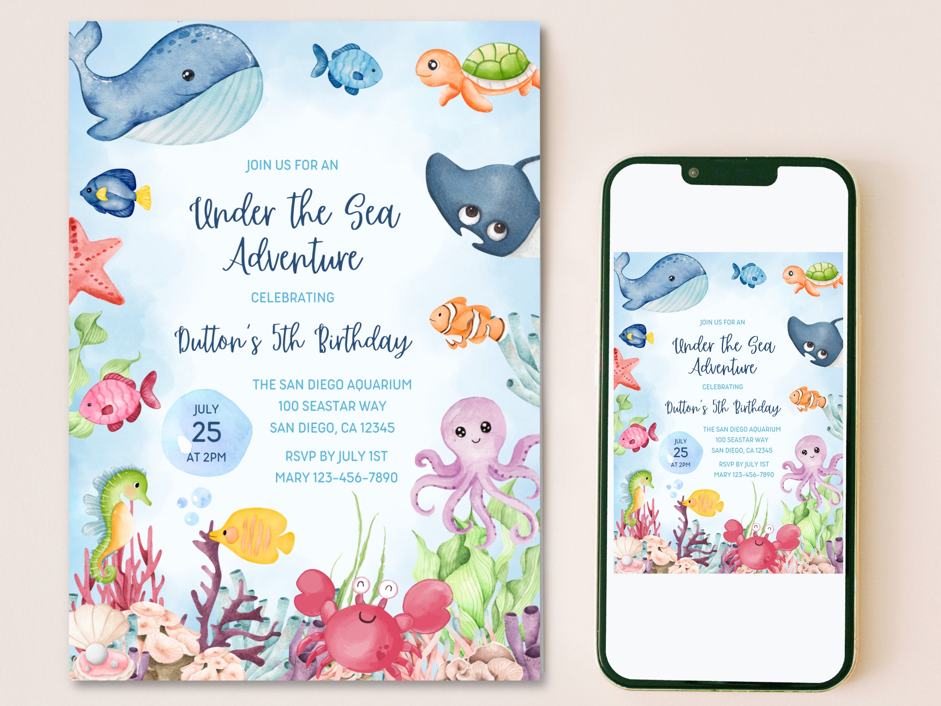 Under the Sea Birthday Invitation Ocean Animals Sea Creatures Bday Boy ...
