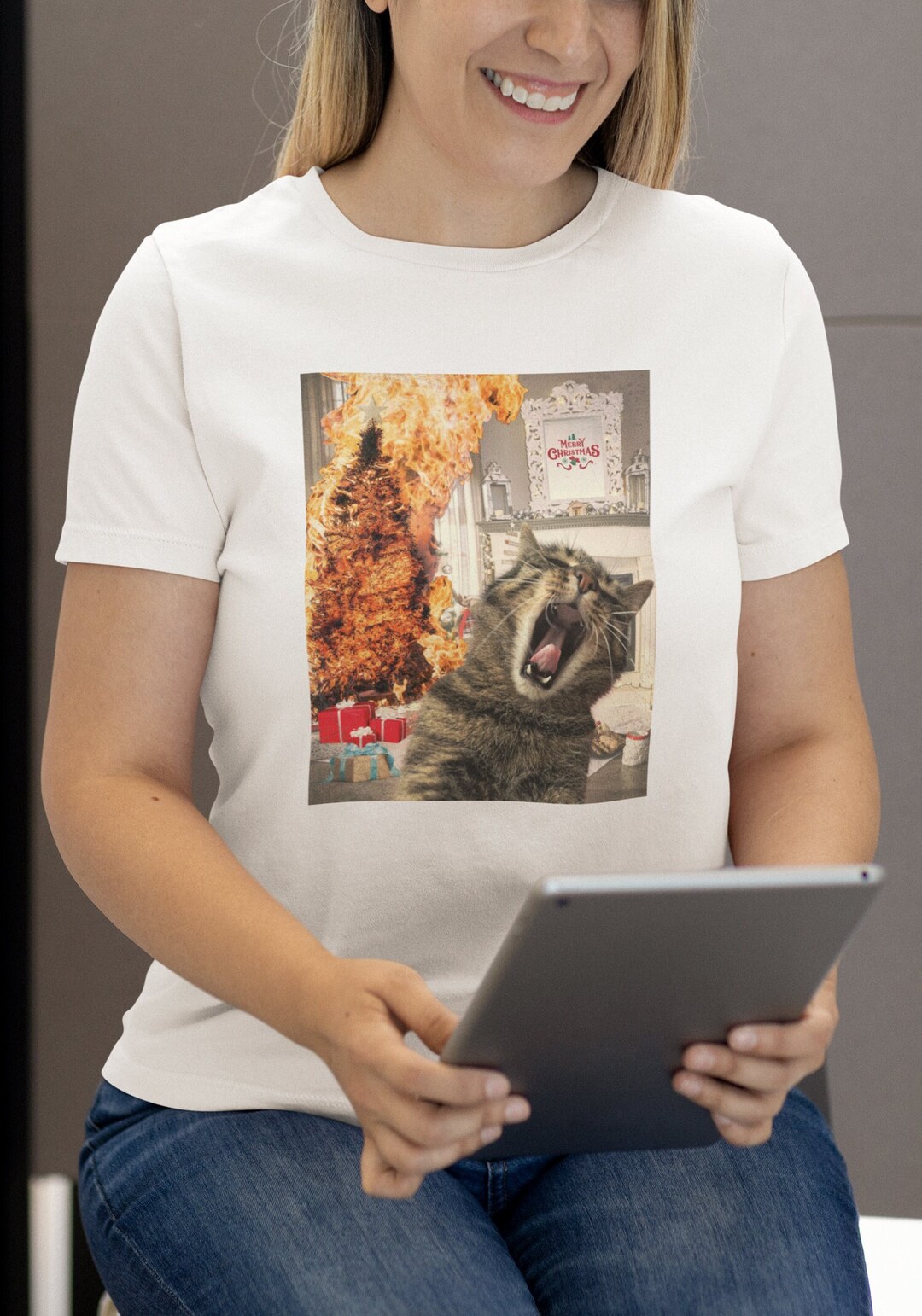 Cat Christmas Tree Burning Weirdcore Artwork Stuff Tshirt I Short ...
