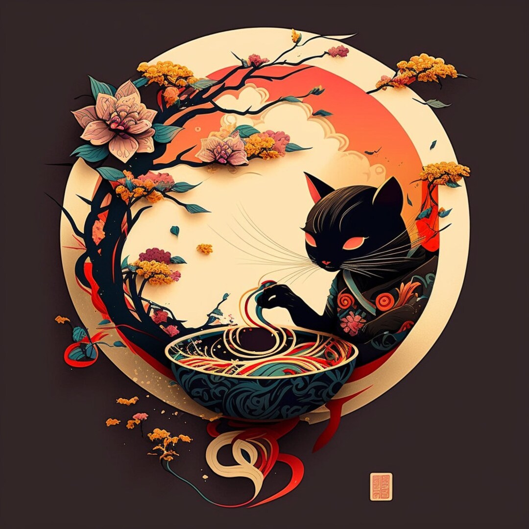 Japanese Stylised Cat With Ramen Bowl Instant Download Digital Art ...