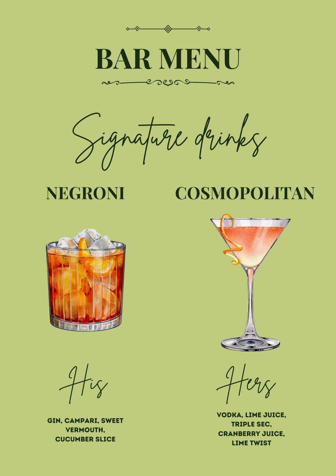 Wedding Bar Menu His & Hers Signature Drinks - Etsy