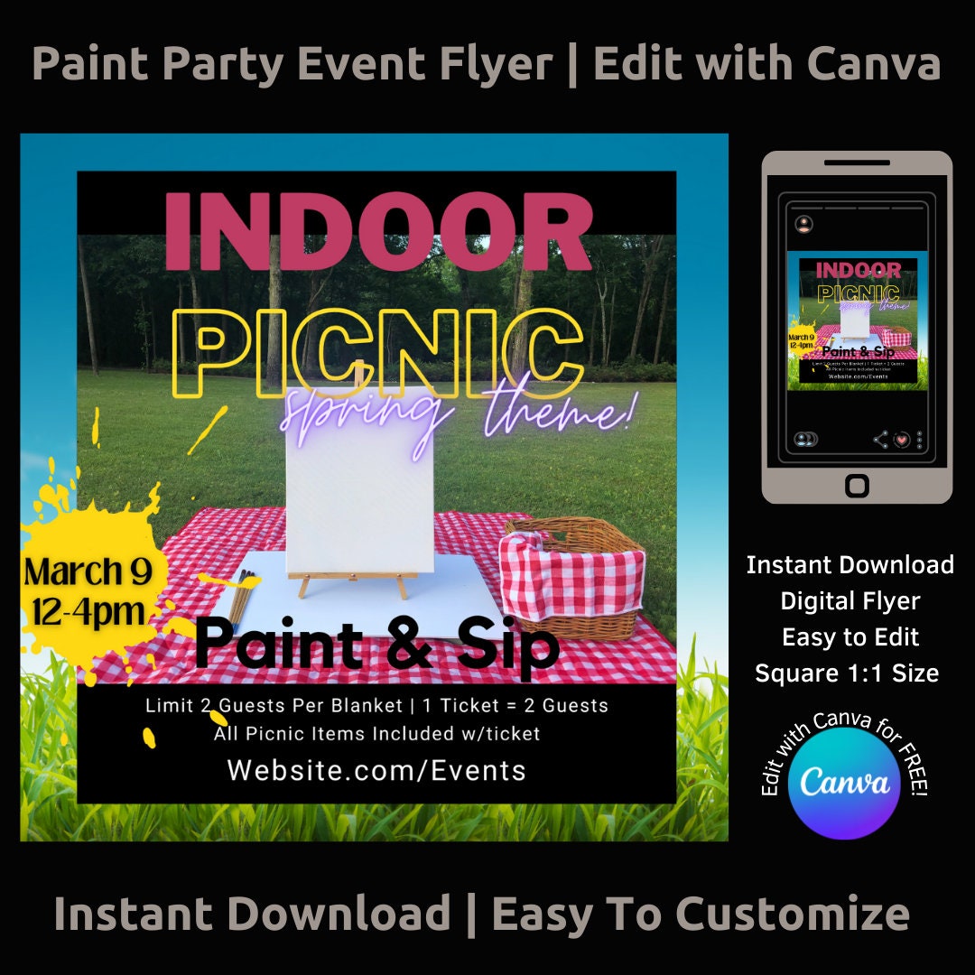 Indoor Picnic Art Class Flyer Template | Editable 1:1 Square Design for ...