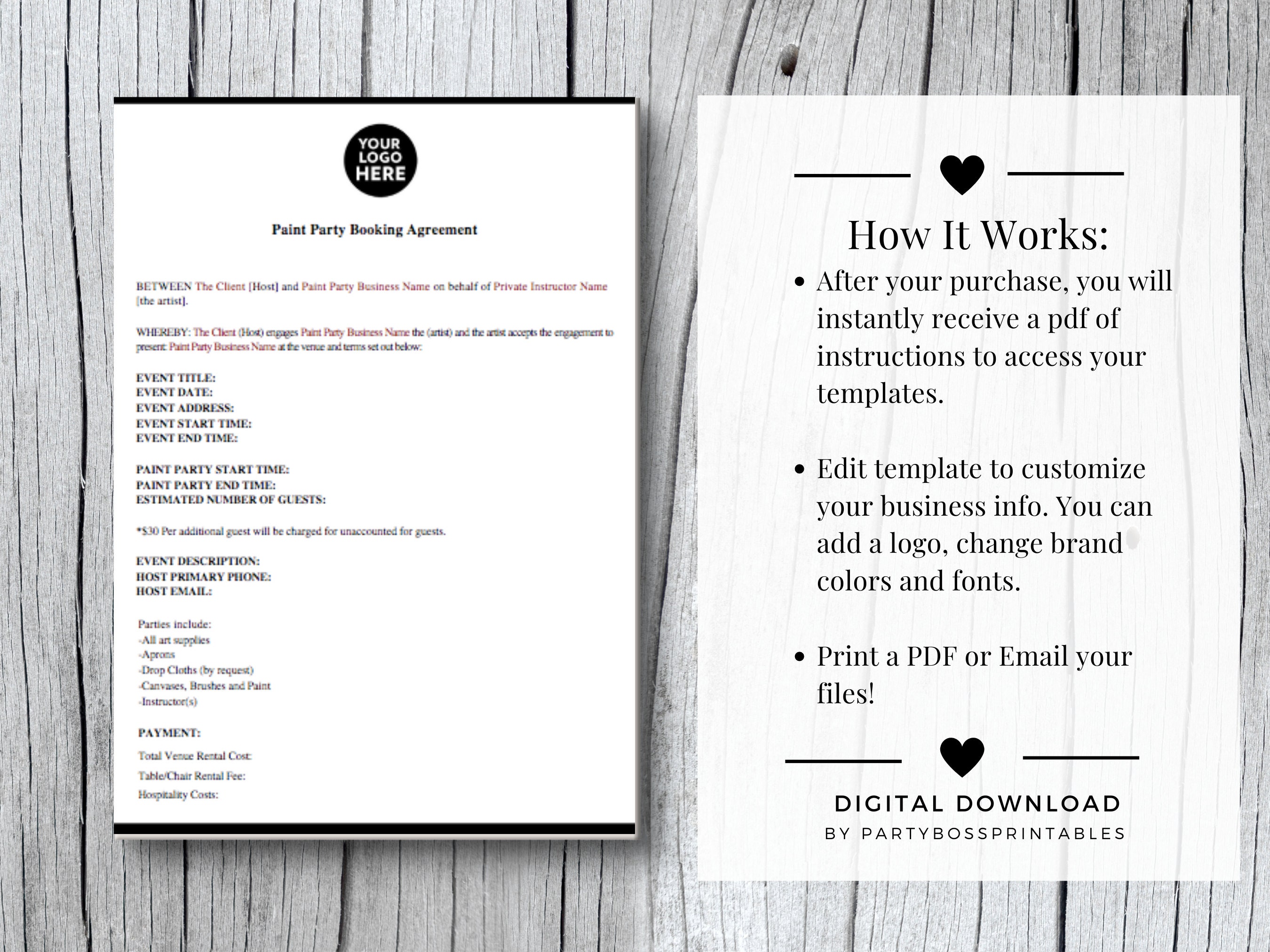 Paint Party Booking Agreement Paint and Sip Contract for Private Paint ...