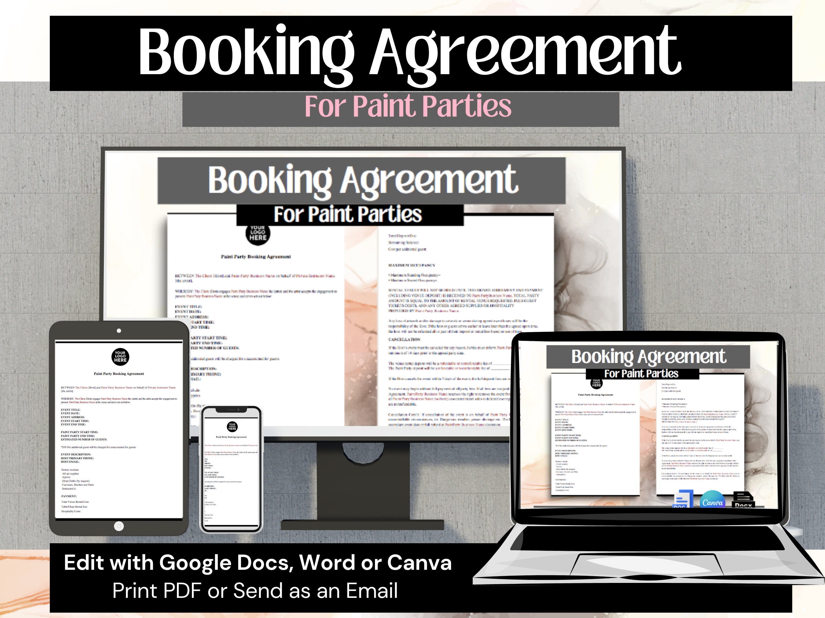 Paint Party Booking Agreement Paint and Sip Contract for Private Paint ...