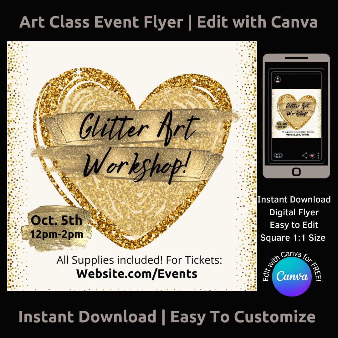 Glitter Art Workshop, Glitter Art DIY Digital Flyer - Canva Template Square 1:1 Size, Editable ...