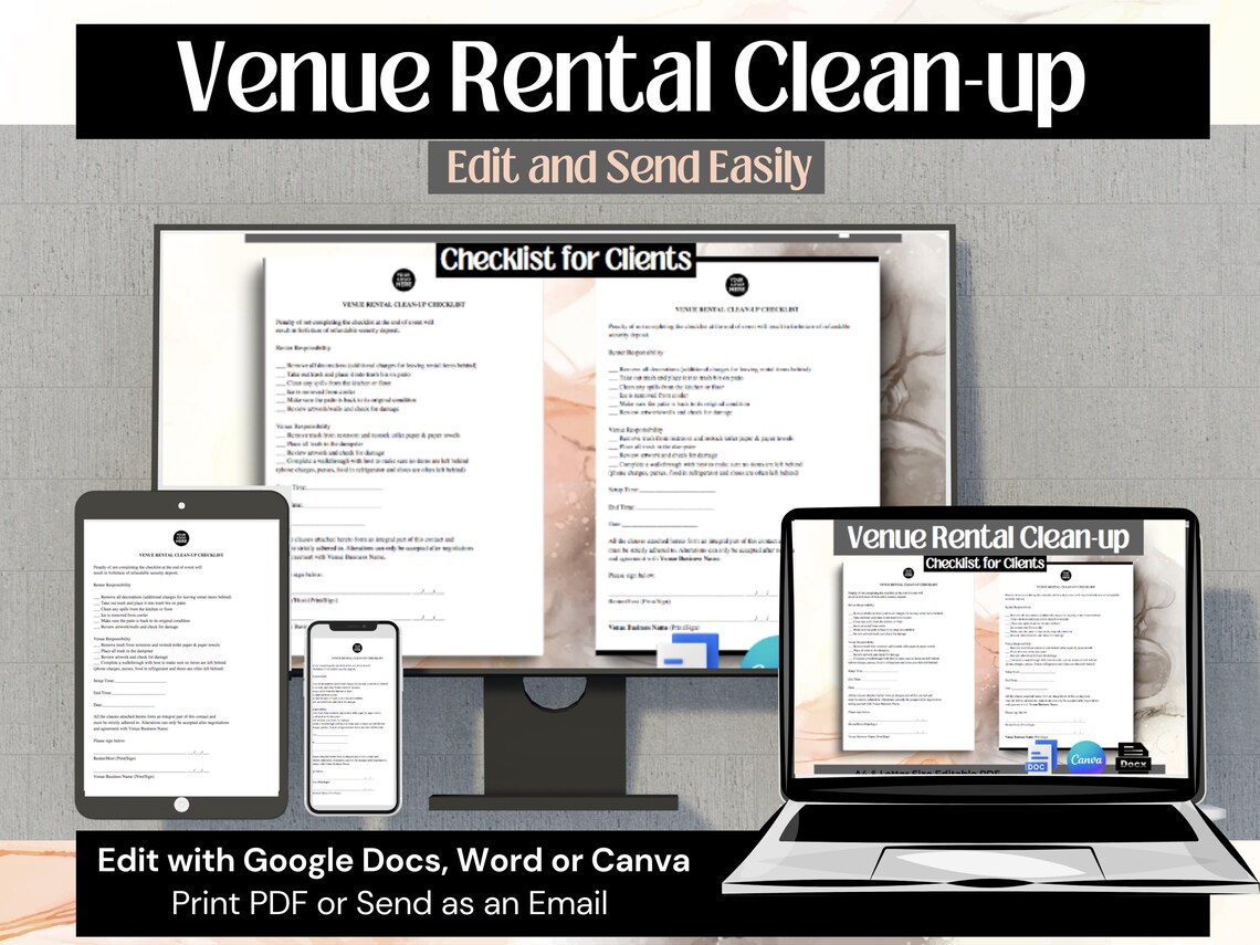 Venue Rental Clean up Template - Printable Venue Rental Checklist for ...