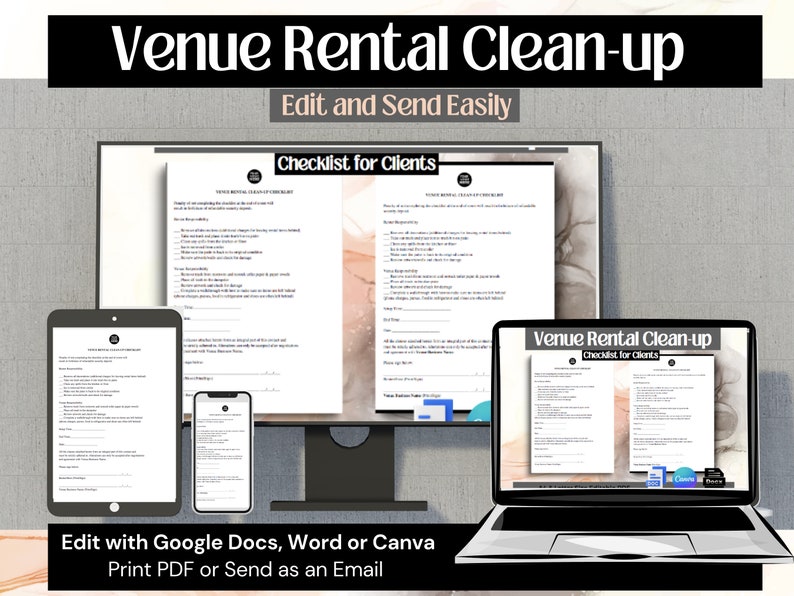 Venue Rental Clean up Template - Printable Venue Rental Checklist for ...