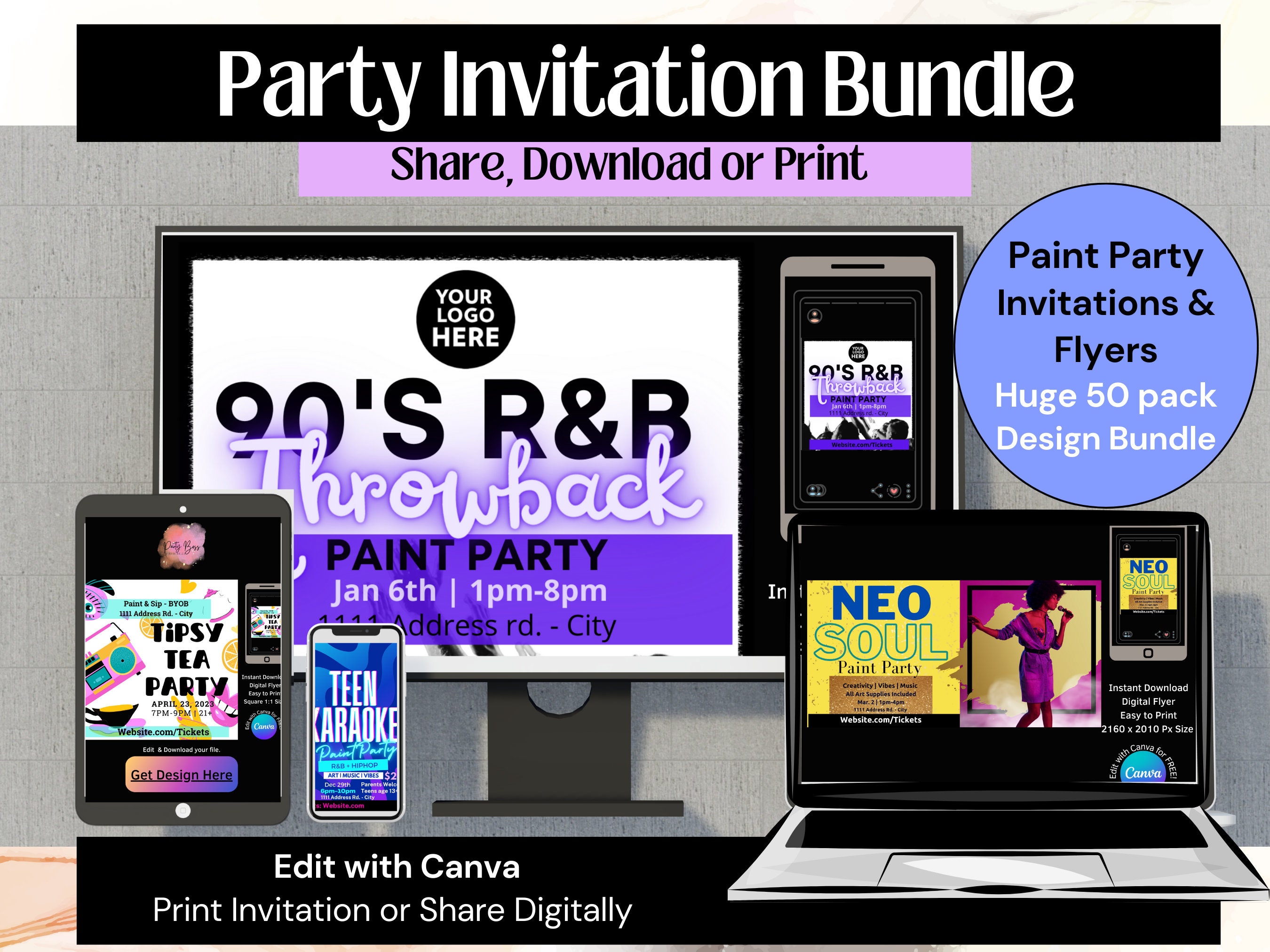Paint Party Invitation and Flyer Bundle 50 Paint and Sip Invitations ...