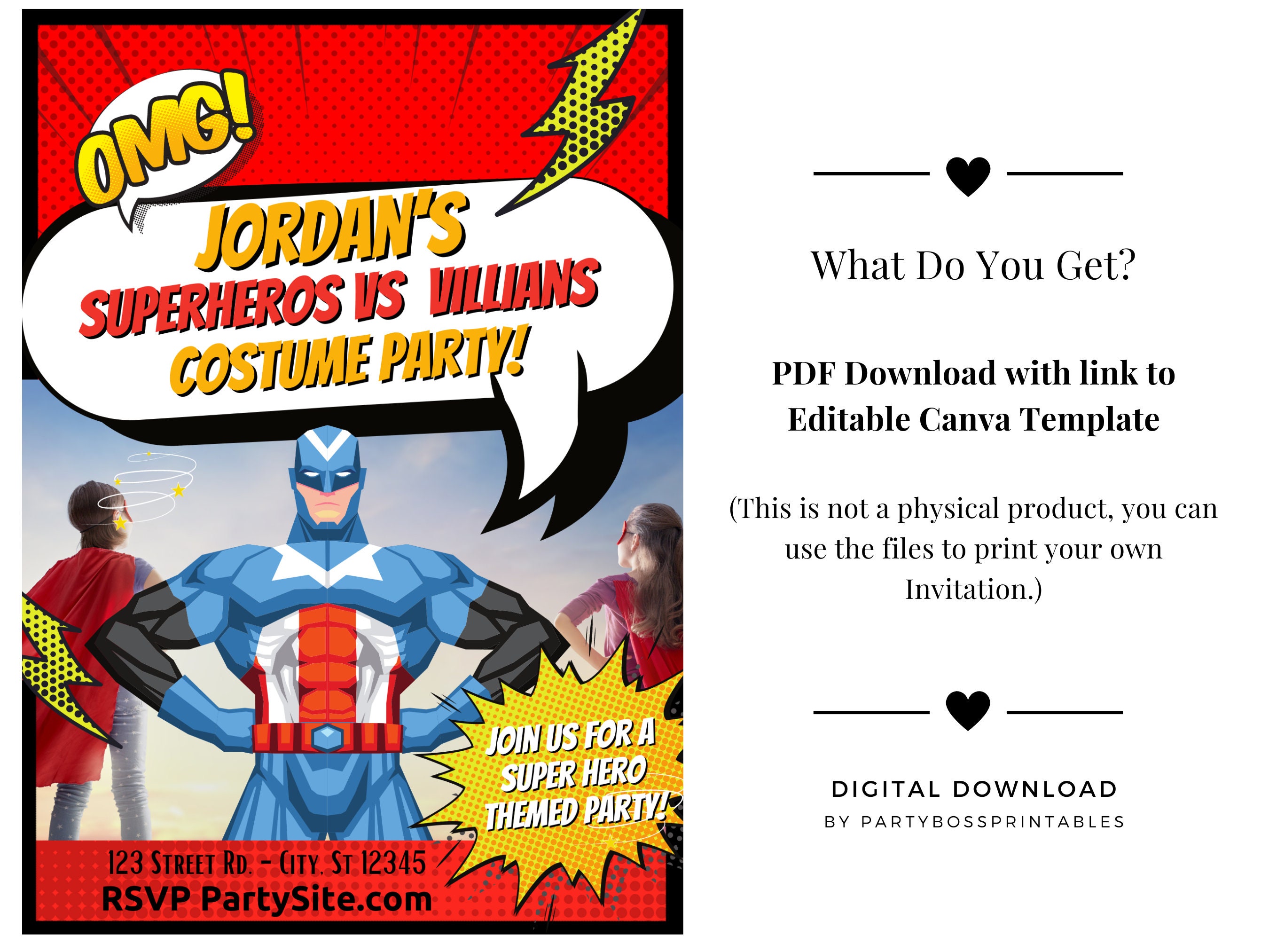 Super Hero VS Villain's Birthday Costume Party Invite. Digital Download ...