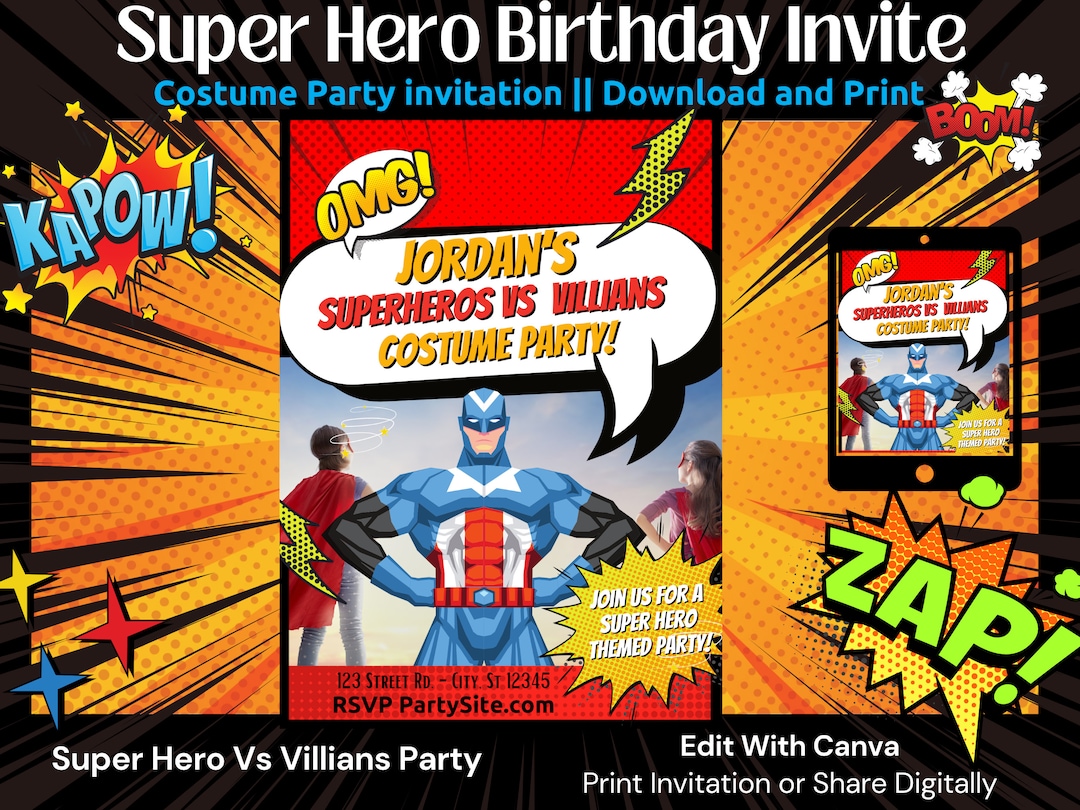 Super Hero VS Villain's Birthday Costume Party Invite. Digital Download ...
