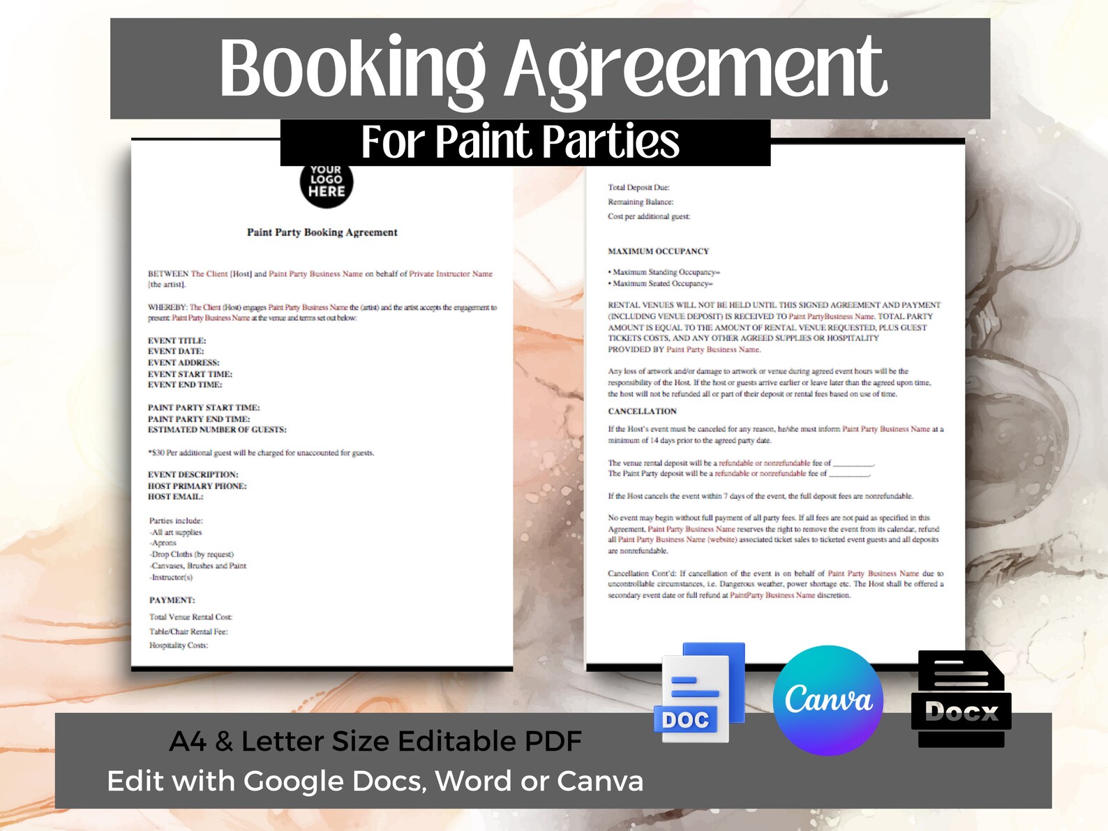 Paint Party Booking Agreement Paint and Sip Contract for Private Paint ...