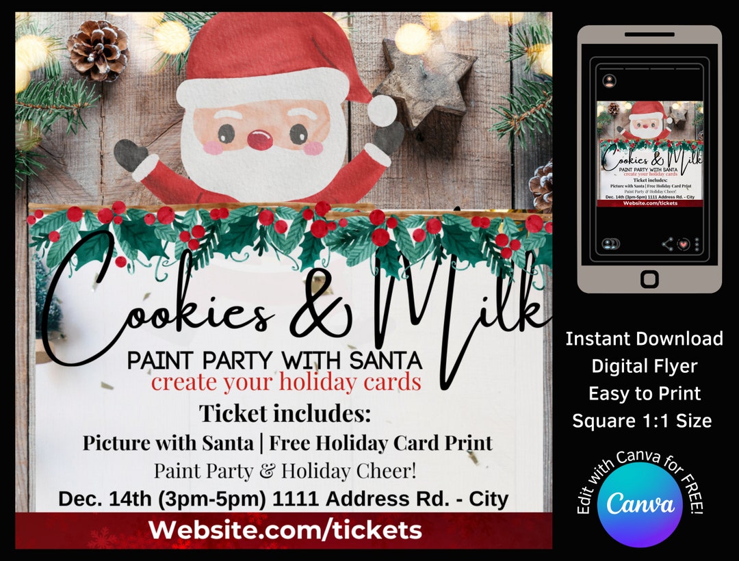 Santa Cookies and Milk Theme Printable Paint Party Invitation Edit With ...