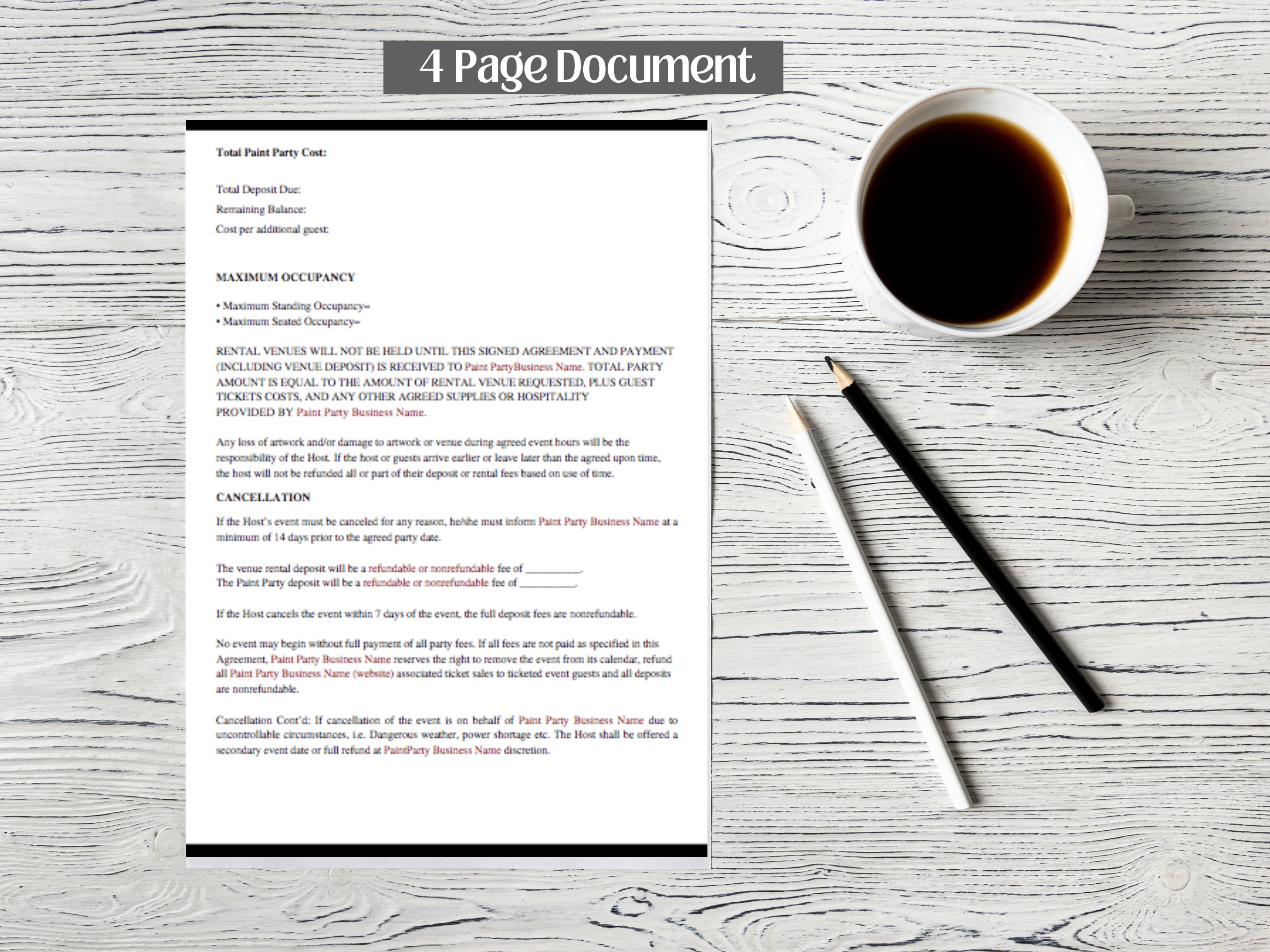 Paint Party Booking Agreement Paint and Sip Contract for Private Paint ...