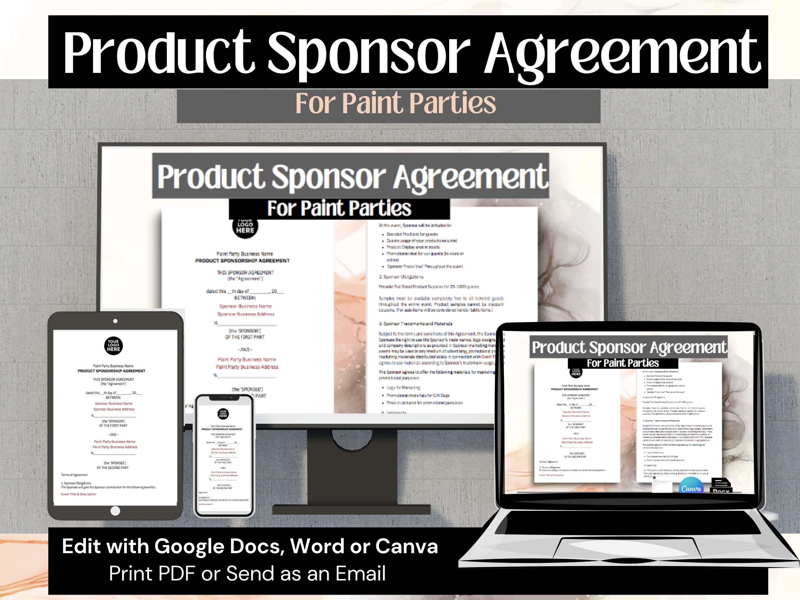 Paint Party Product Sponsor Agreement Edit With Canva , Word Docx ...