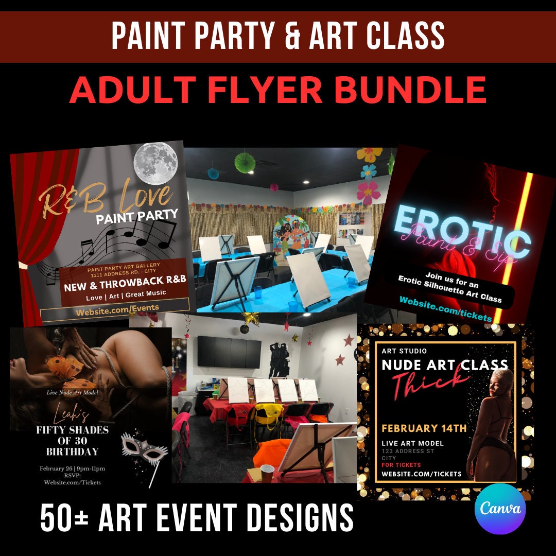 Adult Paint Party & Art Class Flyer Bundle - 50 Digital Design Template Bundle Edit With Canva ...