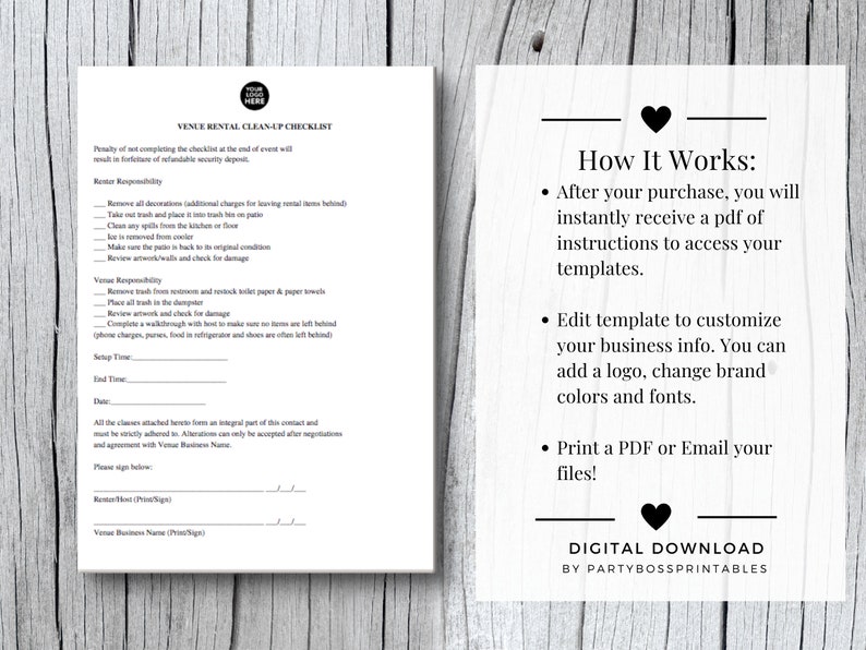 Venue Rental Clean up Template - Printable Venue Rental Checklist for ...