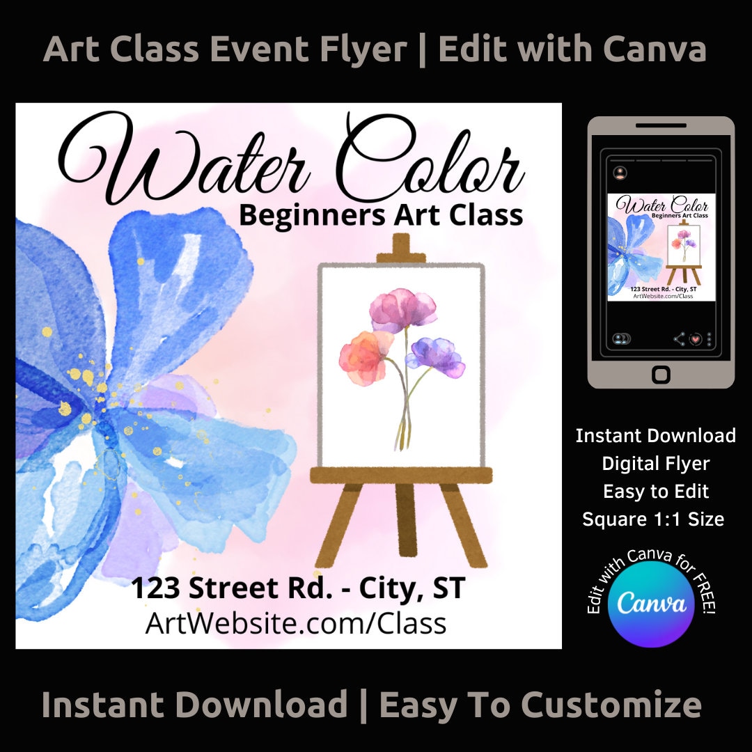Water Color Art Class Flyer Template | Editable 1:1 Square Design for ...