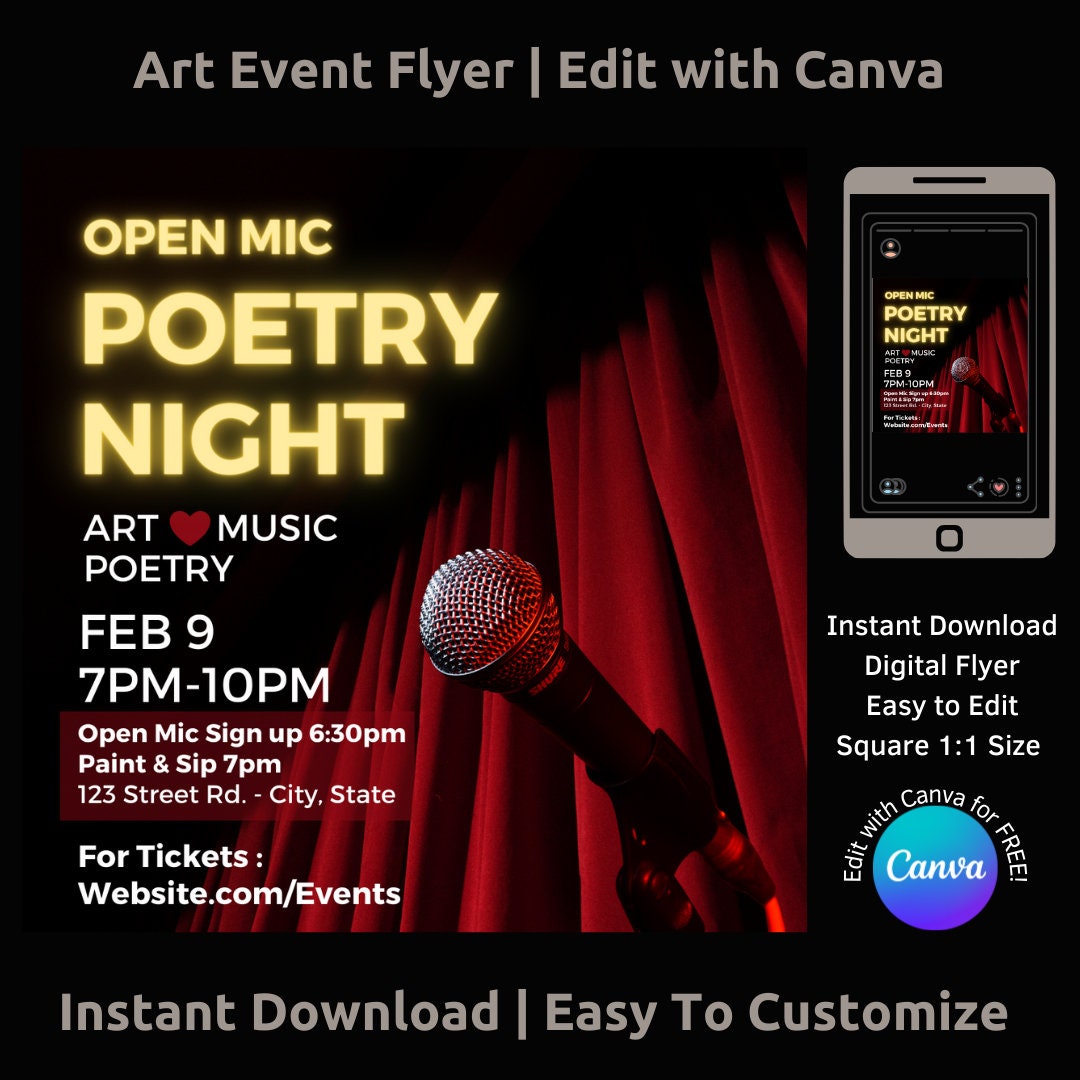 Poetry and Art Open Mic Night Digital Flyer - Canva Template for Art ...