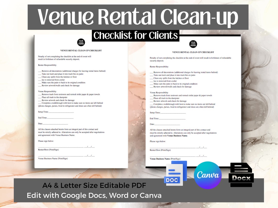 Venue Rental Clean up Template - Printable Venue Rental Checklist for ...