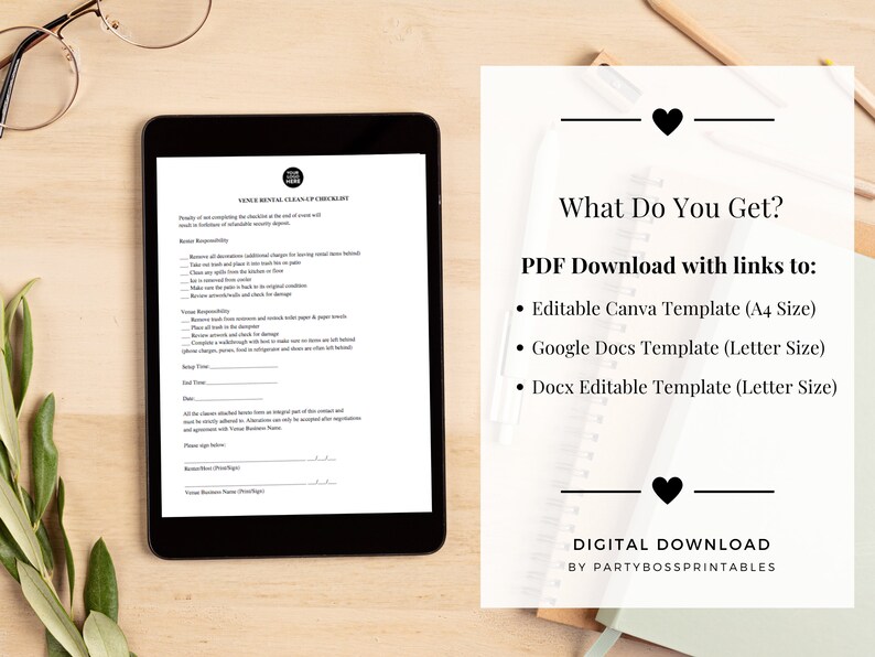 Venue Rental Clean up Template - Printable Venue Rental Checklist for ...