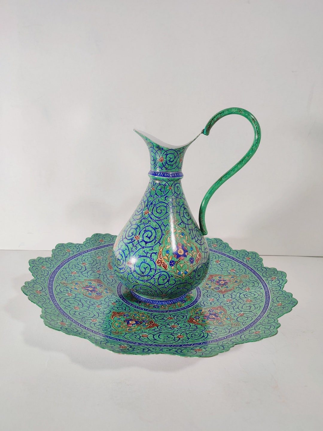 Minakari Enameled Sheet Metal Jug and Dish Signed and Hand Painted - Etsy