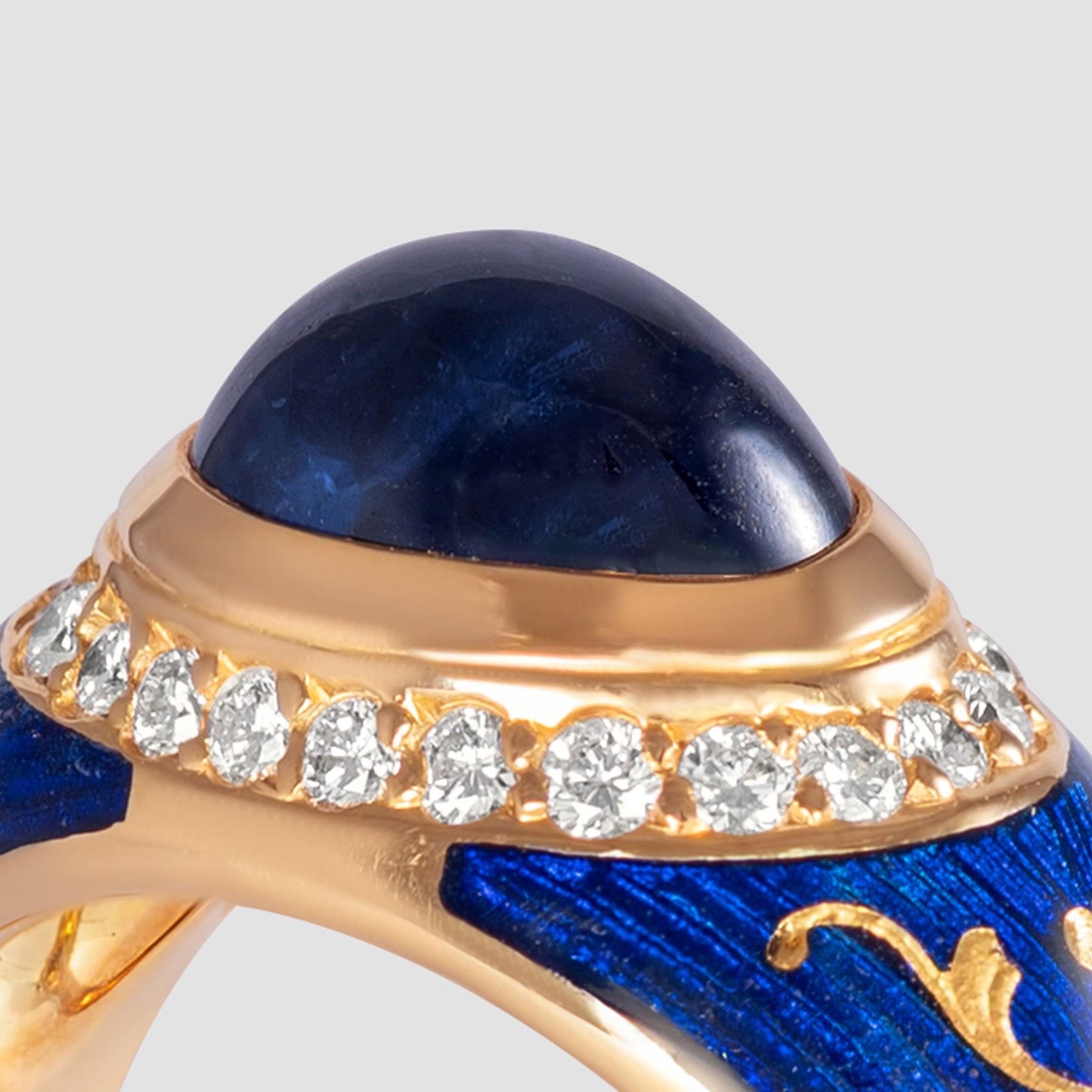 Limited Edition 19/300 fabergé Ring 18KT Gold With Diamonds, Cabochon-cut Sapphire and Enamels ...