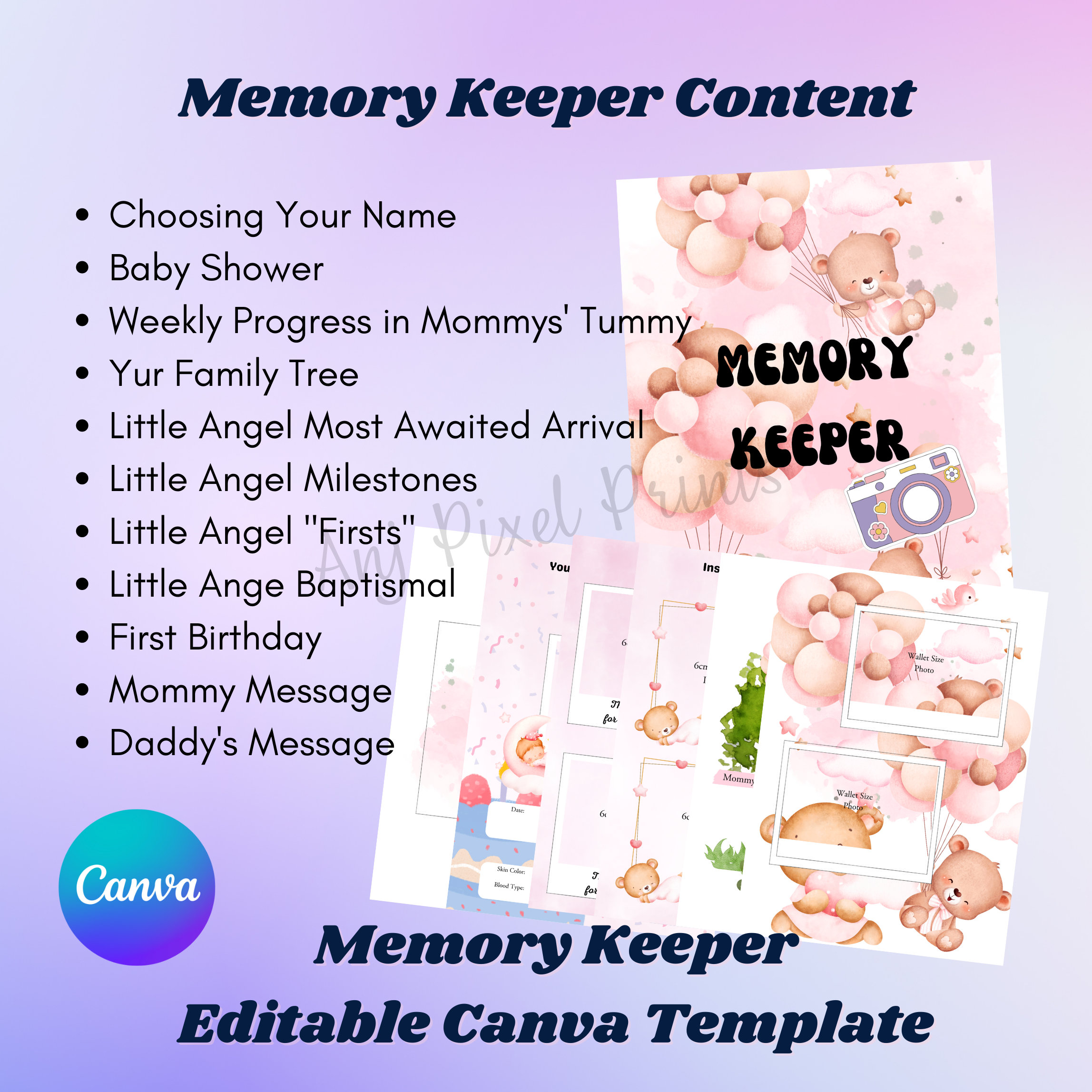 Memory Keeper A5 Size Bear Theme Canva Editable Template, Children's ...