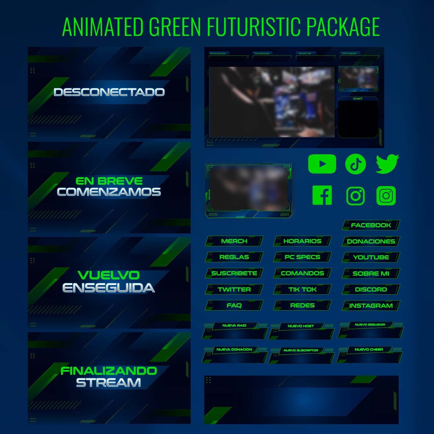 Twitch Animated Green Overlay Package ENG Version - Etsy