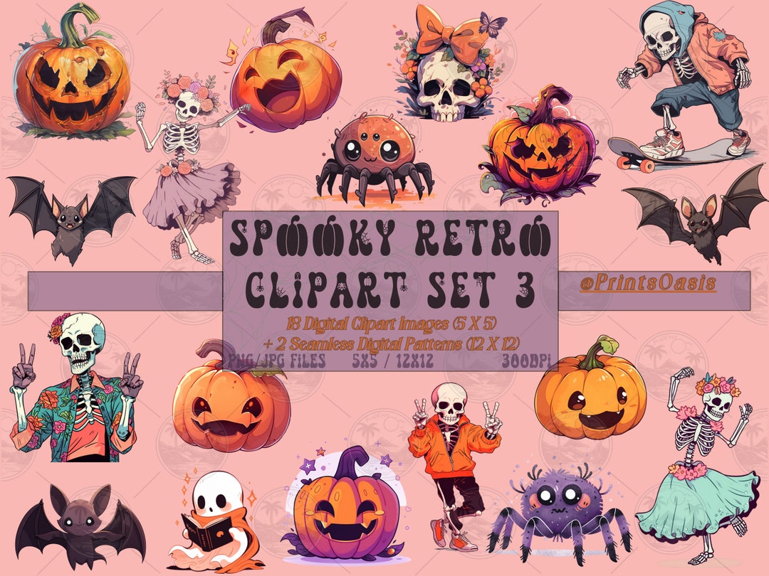 Cute Spooky Retro Halloween Clipart Bundle,skeleton Ghost Cute Png ...