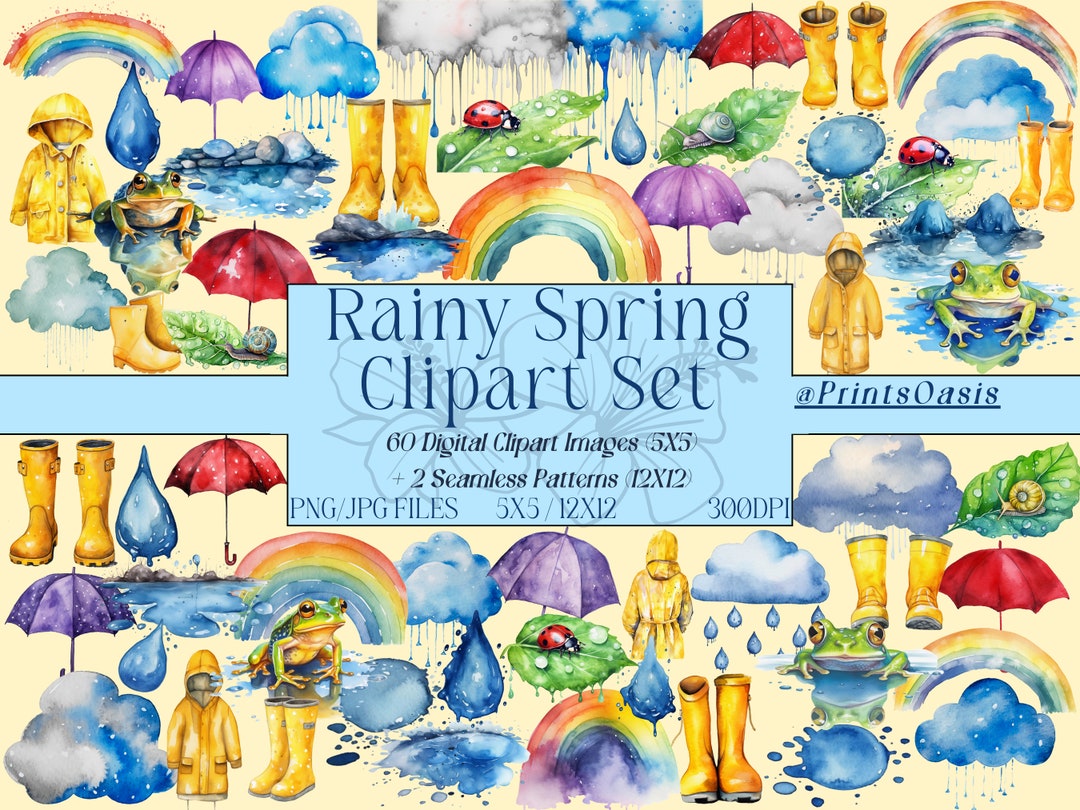 Rainy Day Watercolour Clipart Art Bundle, Rainbow Clouds Umbrellas ...