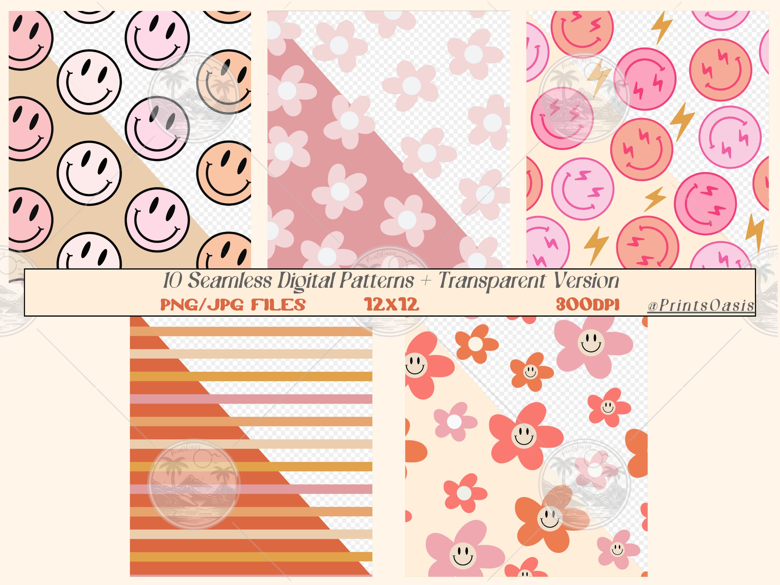 Groovy Retro Digital Patterns, Seamless Pattern, Retro 70s Flower Power ...