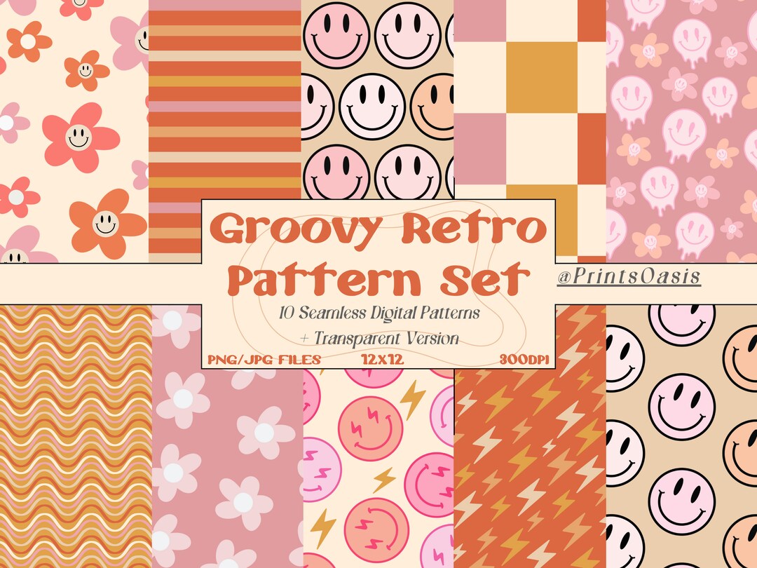 Groovy Retro Digital Patterns, Seamless Pattern, Retro 70s Flower Power ...