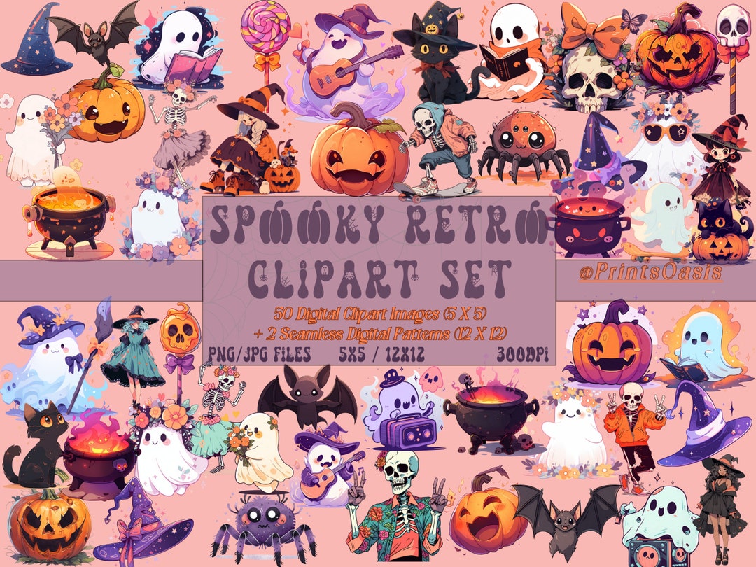 Cute Spooky Retro Halloween Clipart Bundle,skeleton Ghost Cute Png ...