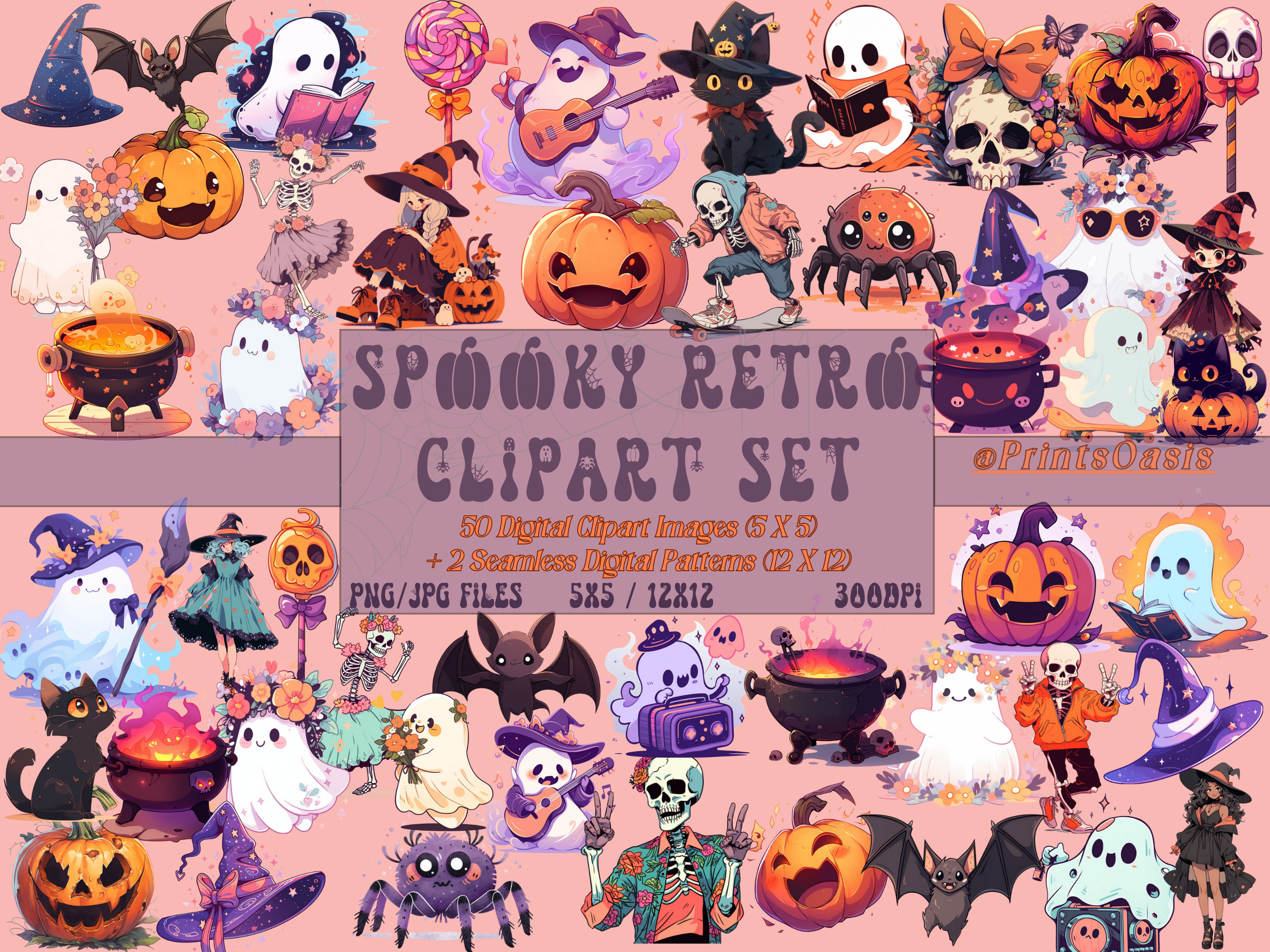 Cute Spooky Retro Halloween Clipart Bundle,skeleton Ghost Cute Png ...