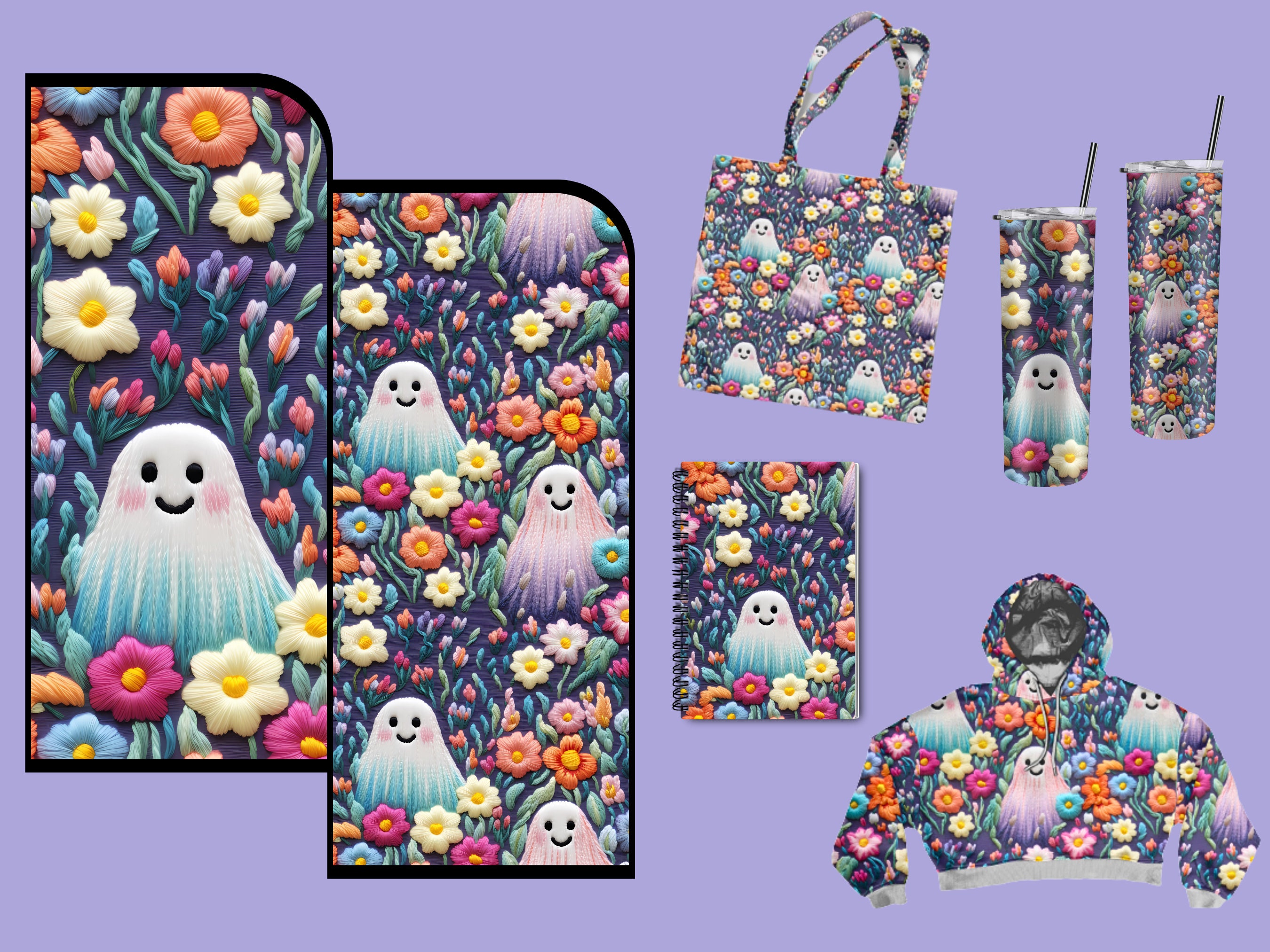 Trippy Ghost Embroidery Halloween Seamless Pattern, Halloween Spooky ...